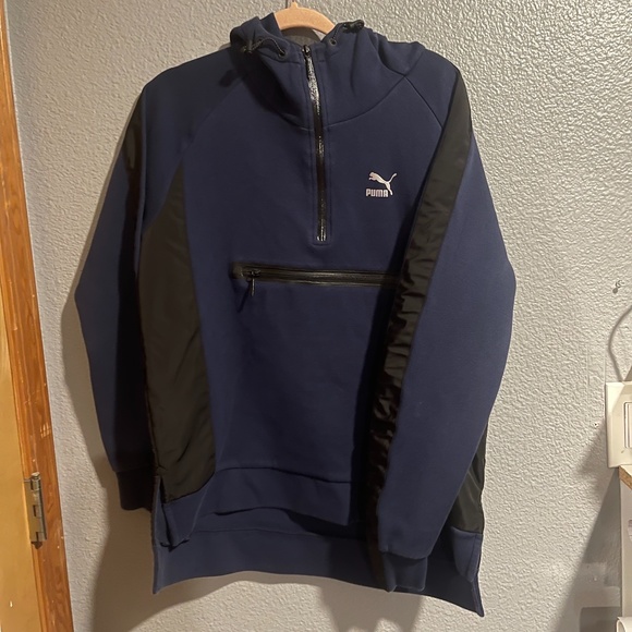 Puma | Sweaters | Puma Navy Blue 34 Zip Up Black Design Kangaroo Pocket ...